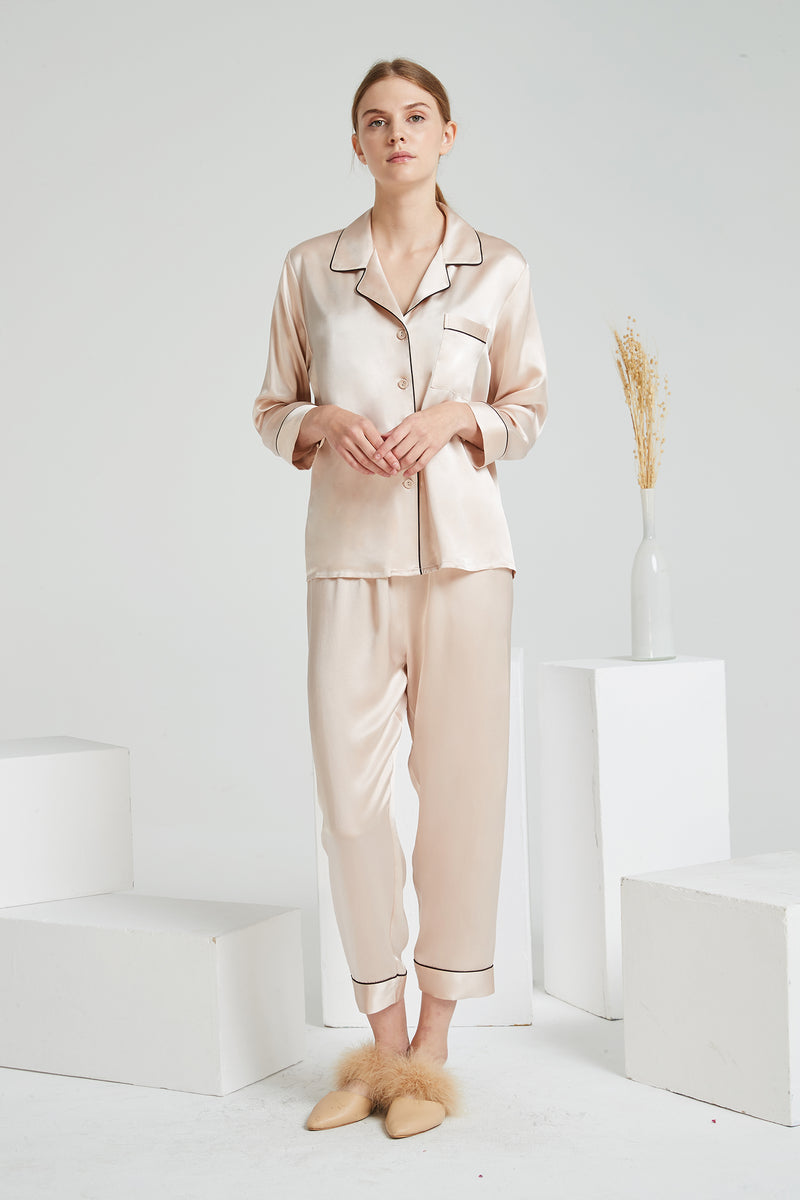 Classic Piping Long Sleeve Silk Pajamas Set Asilklife