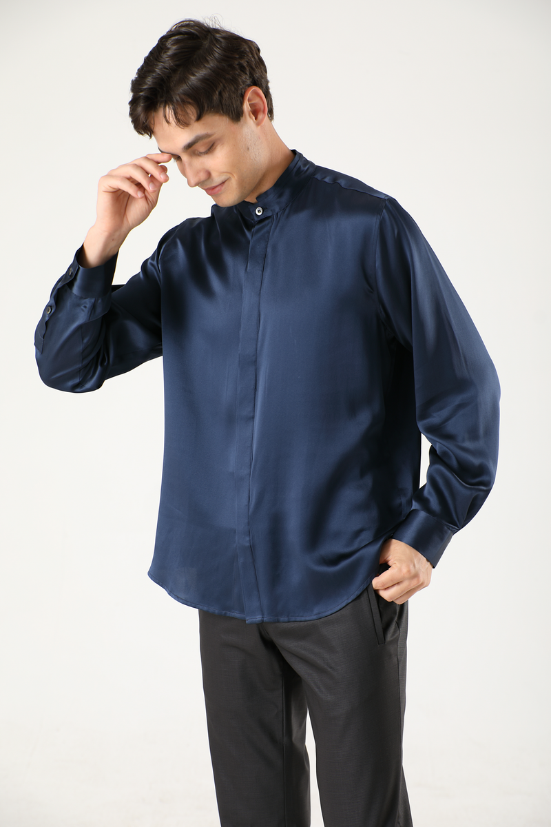 Silk Blouse for men stand-up collar– Asilklife